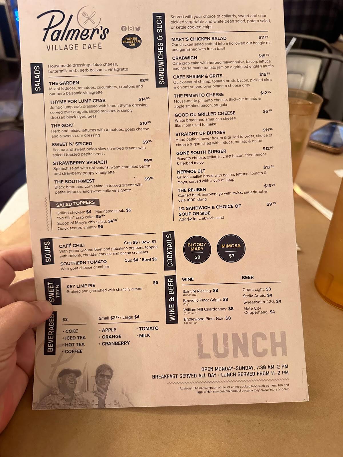 Menu at Palmer's Village Cafe, Saint Simons Island, 223 Mallery St