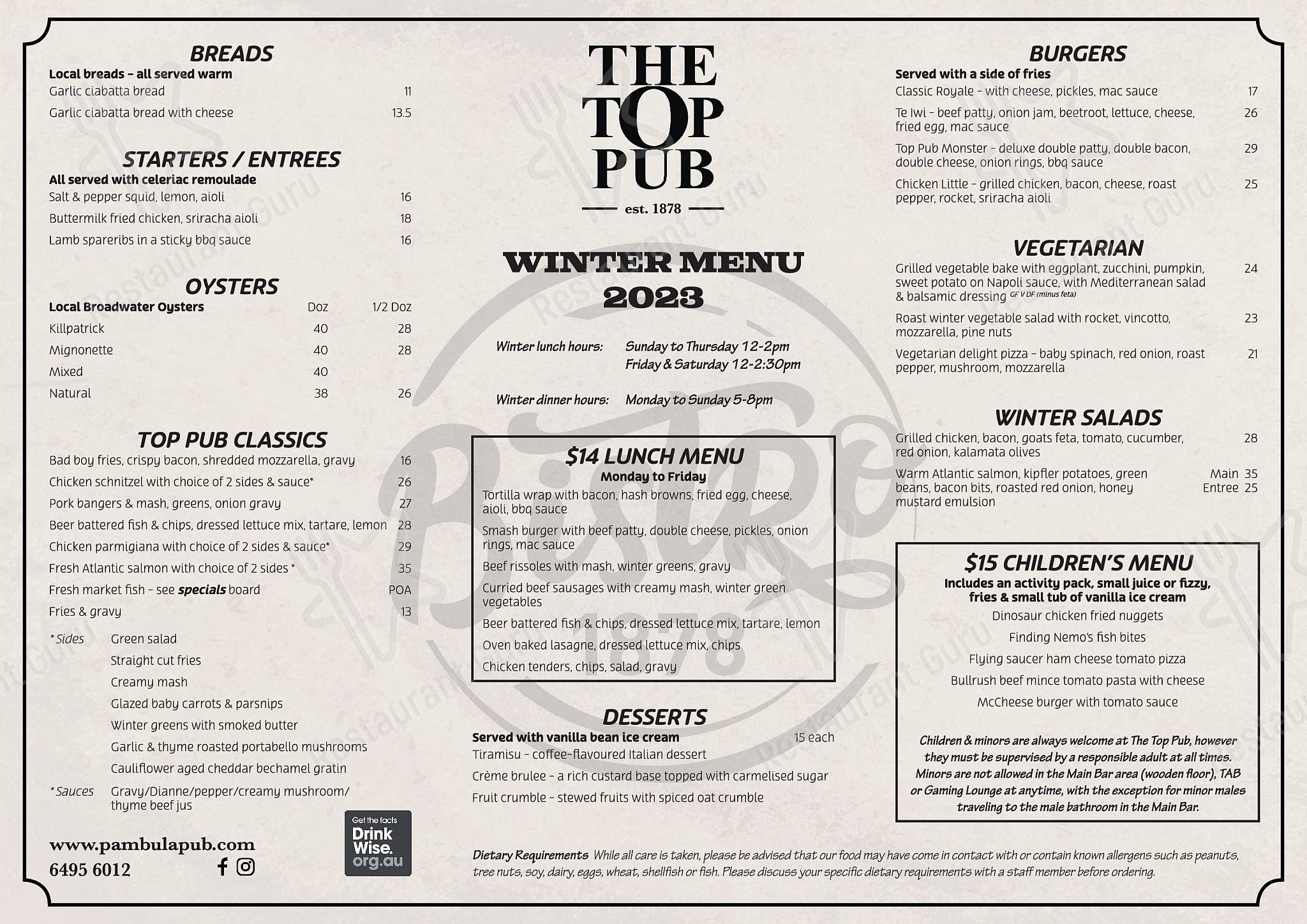 Menu at Pambula Merimbula Golf Club, Pambula