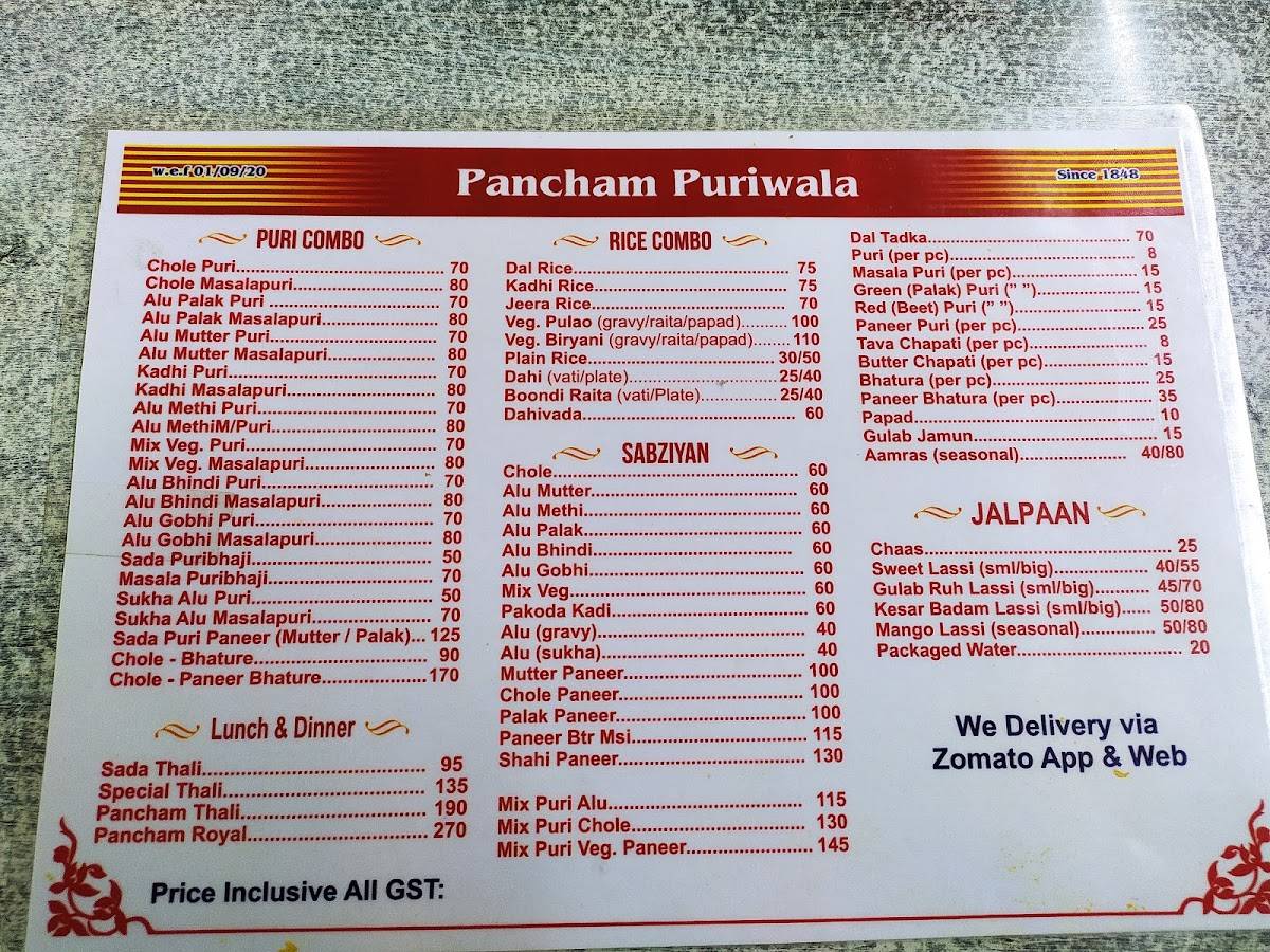 Menu at Pancham Puriwala, Mumbai