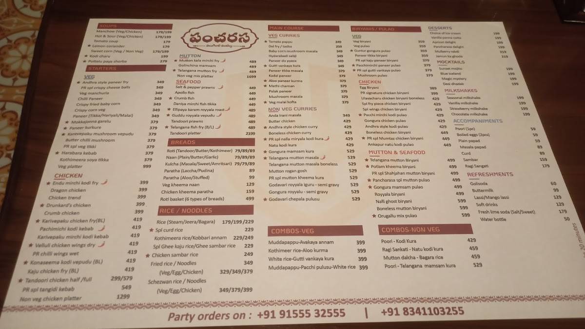 Menu at Pancharasa - The Traditional Kitchen, Hyderabad
