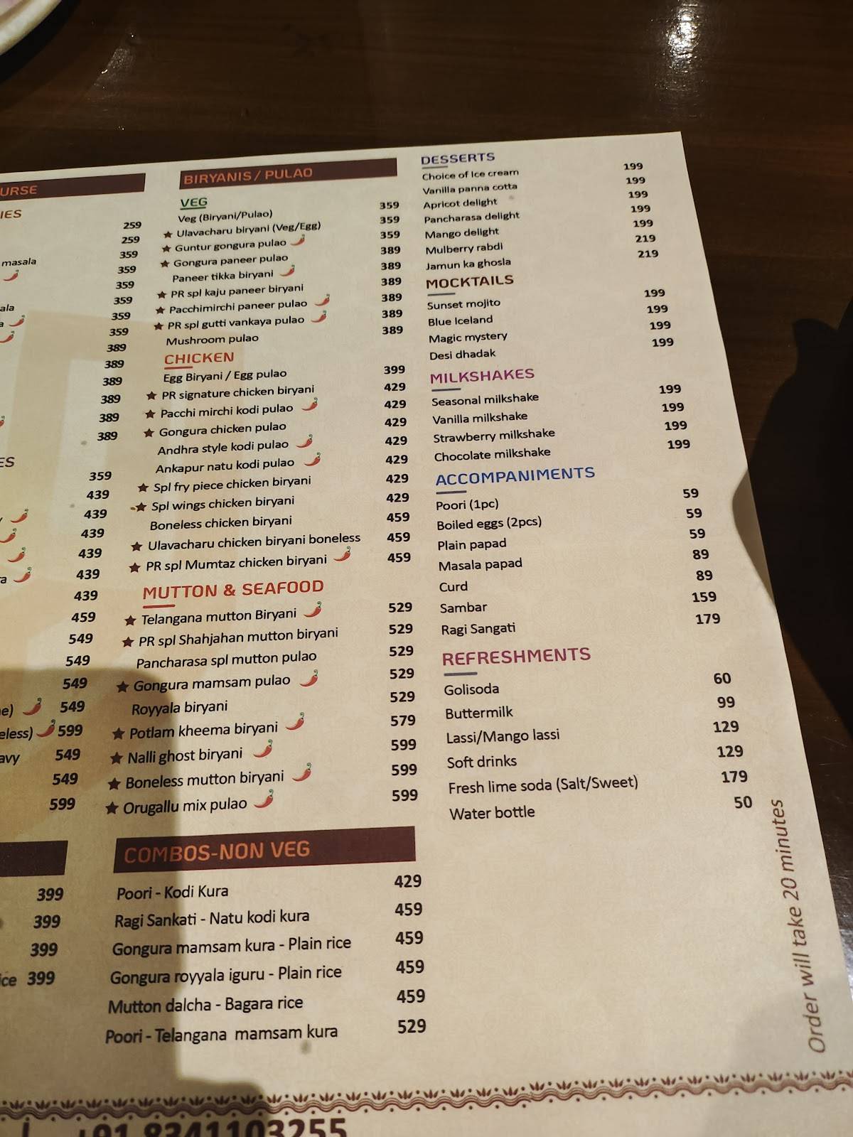 Menu at Pancharasa - The Traditional Kitchen, Hyderabad