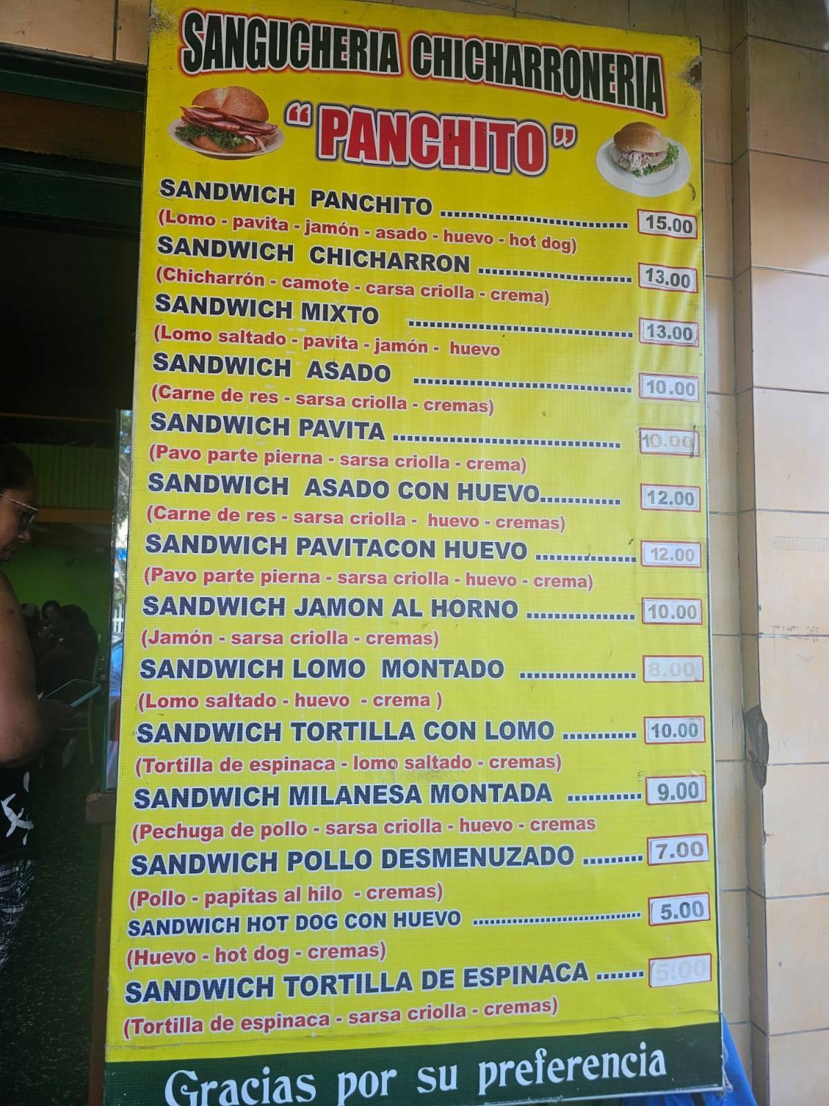 Carta del restaurante Panchito, Callao
