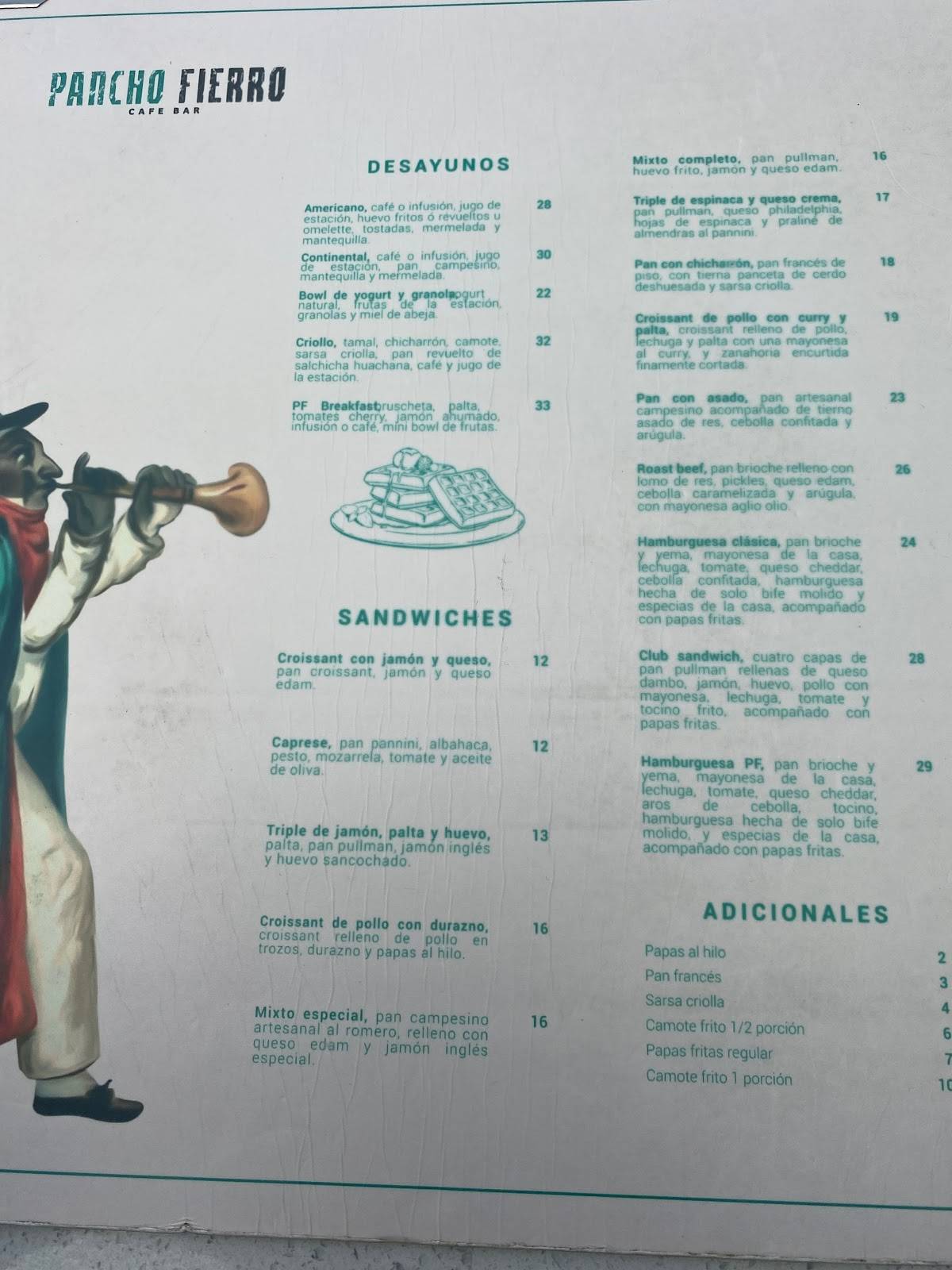 Carta de Pancho Fierro Café Bar, Lima, Jirón de la Unión 1066
