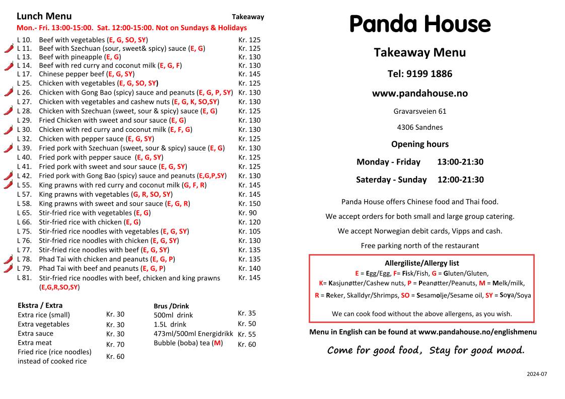 Menu at Panda House Sandnes restaurant, Sandnes