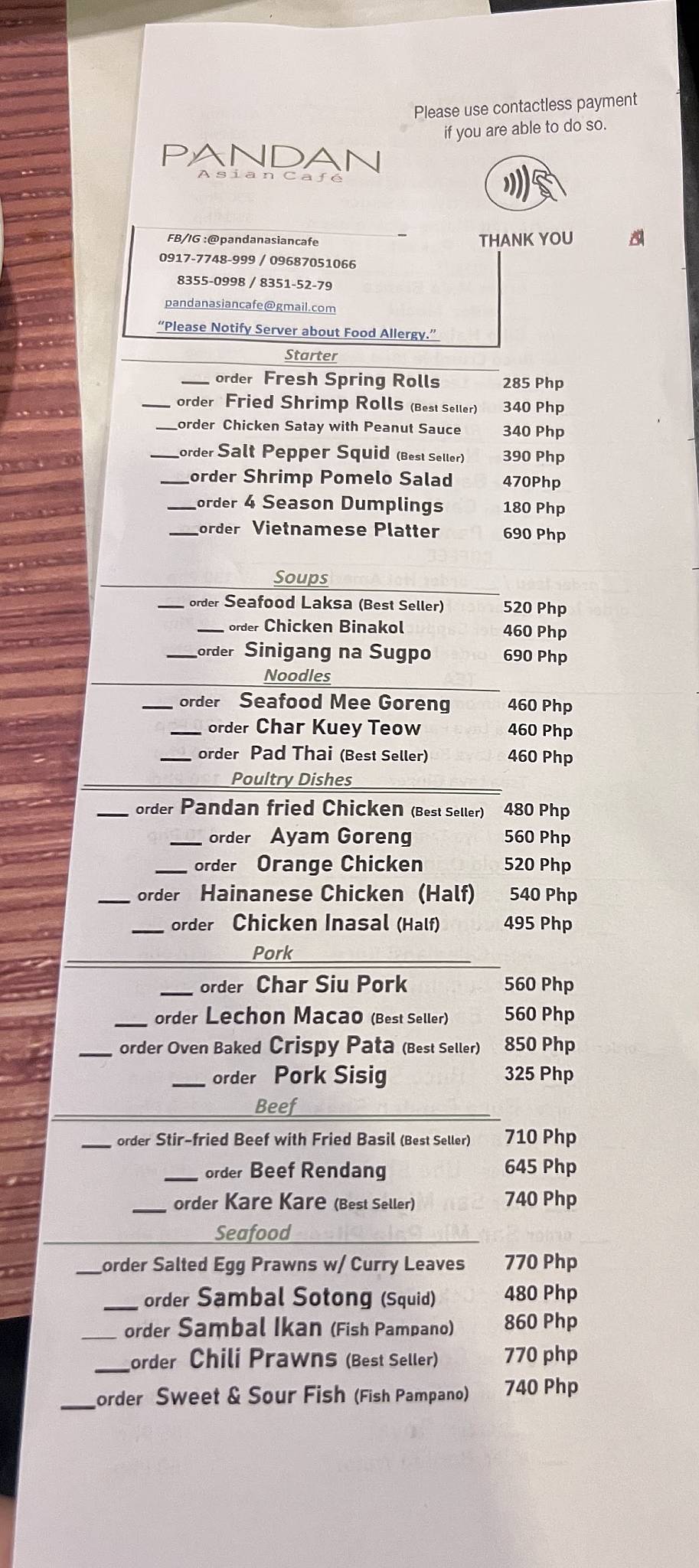 Menu at Pandan Asian Cafe, Quezon City