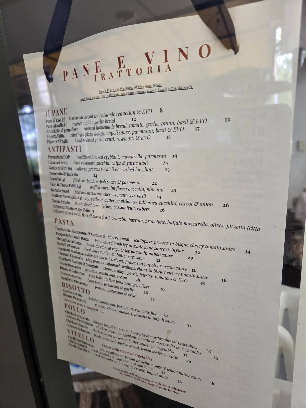 Menu at Pane e Vino Trattoria Menai - Italian Restaurant & Pizzas, Menai
