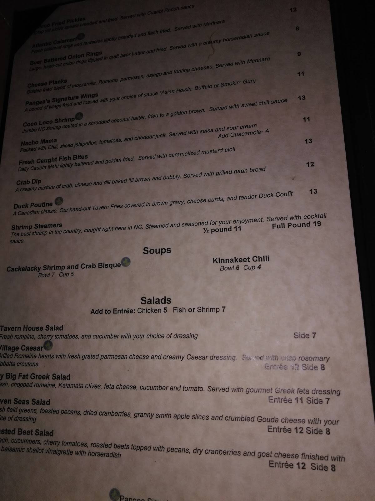 Menu at Pangea Tavern restaurant, Avon