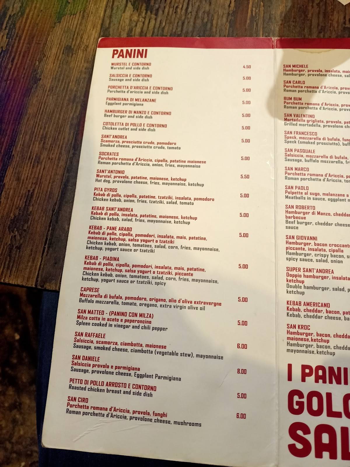 Menu da Paninoteca Sant’Andrea fast food, Salerno, Piazza Sedile del Campo