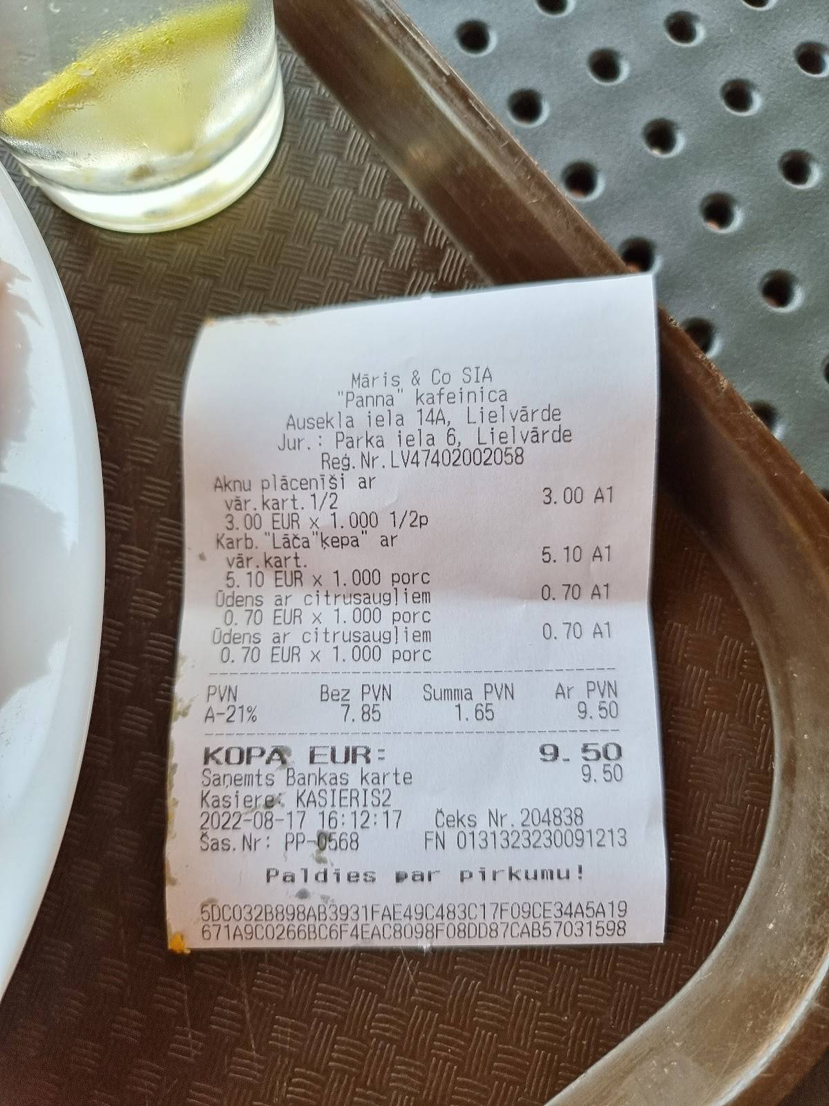 Menu at Panna cafe, Lielvārde