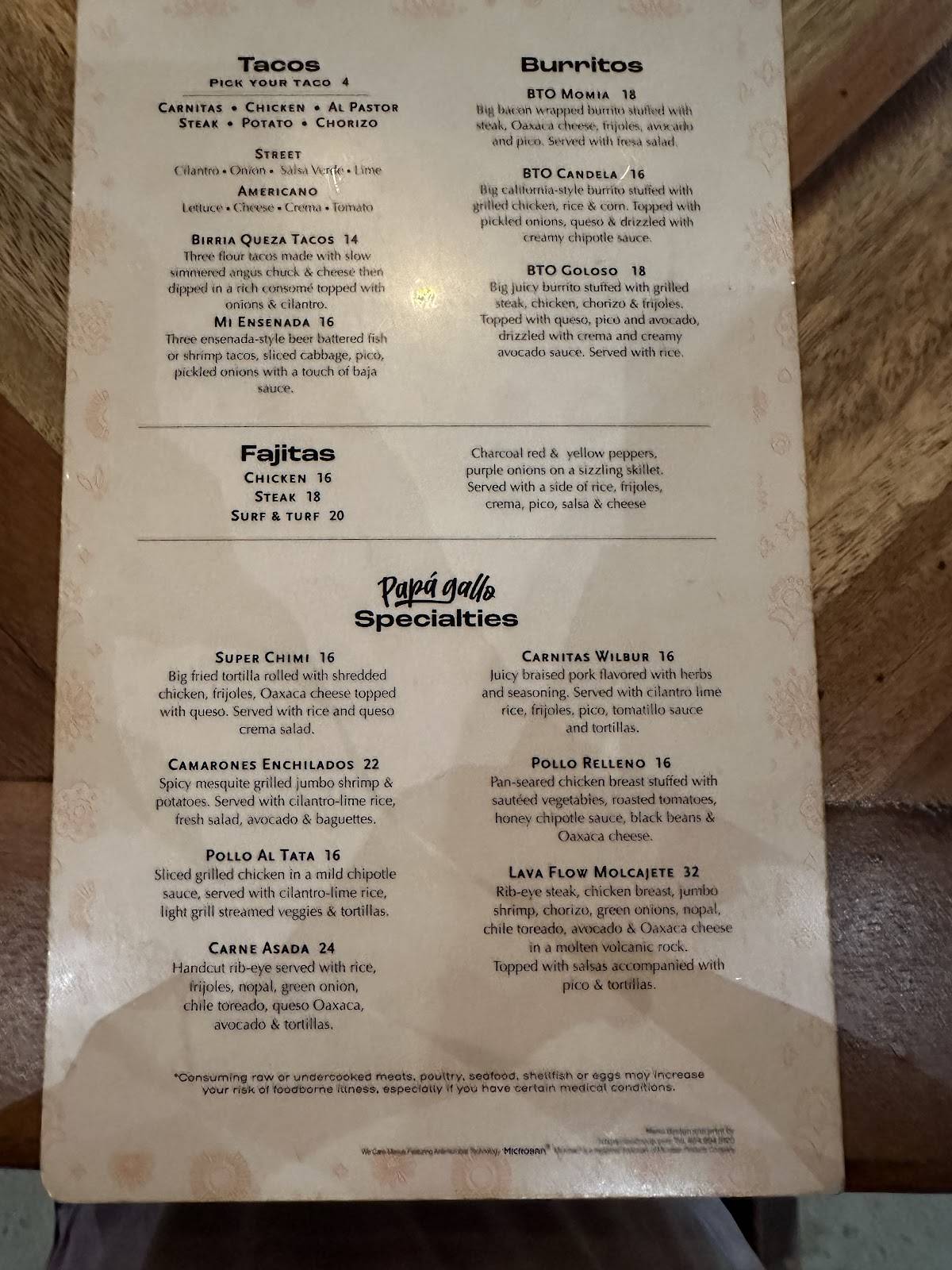 Menu at Papa Gallo desserts, Lynchburg
