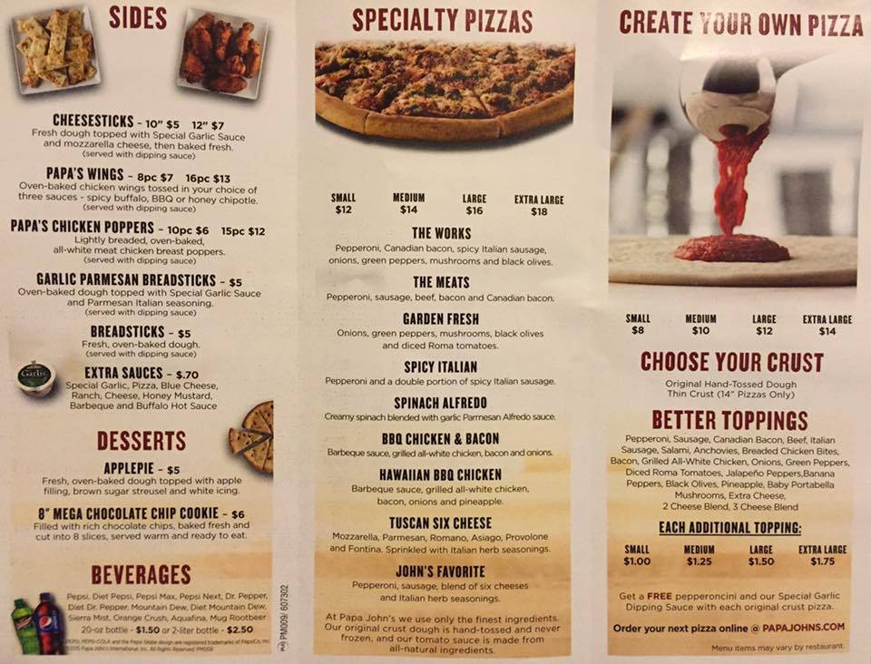 Menu at Papa Johns Pizza pizzeria, Van Buren, Broadway St