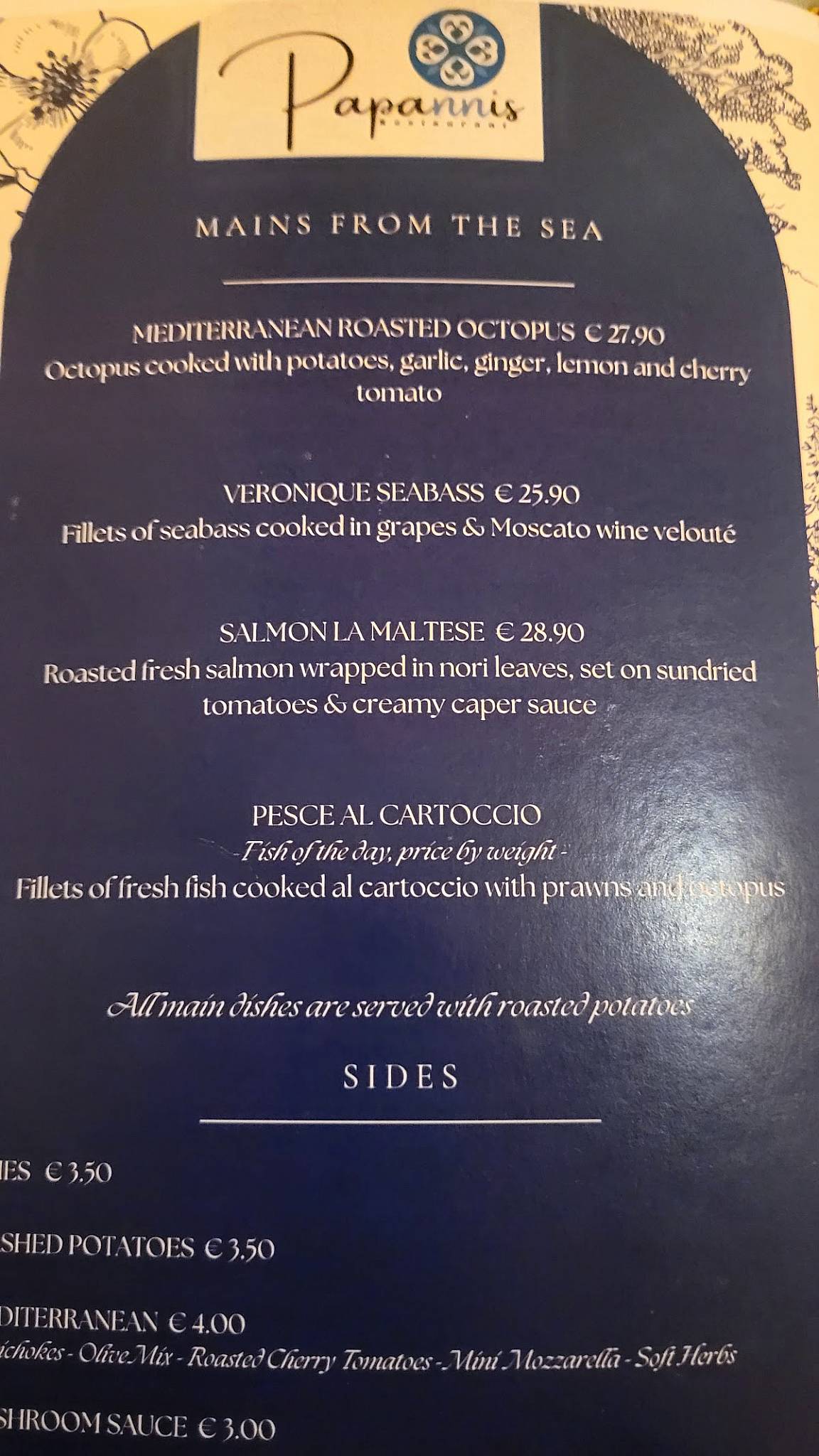 Menu at Papannis Restaurant, Valletta