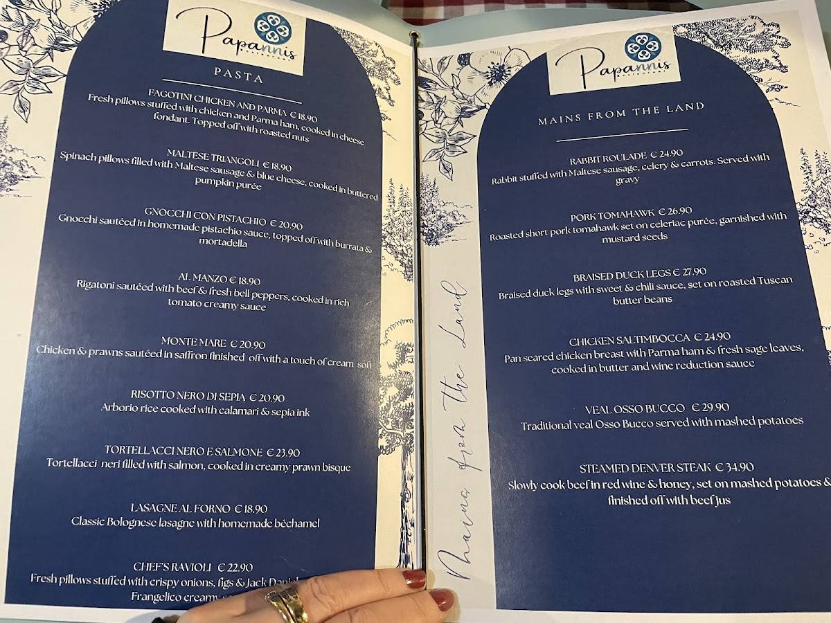 Menu at Papannis Restaurant, Valletta