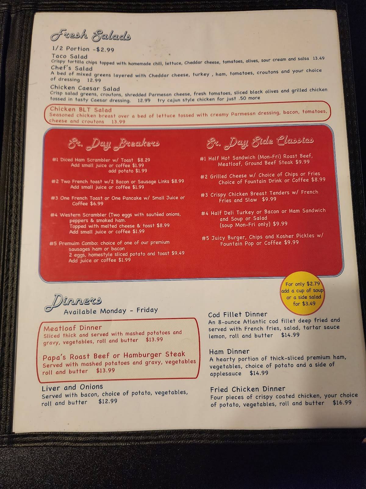 Menu at Papa's Cafe, Minneapolis