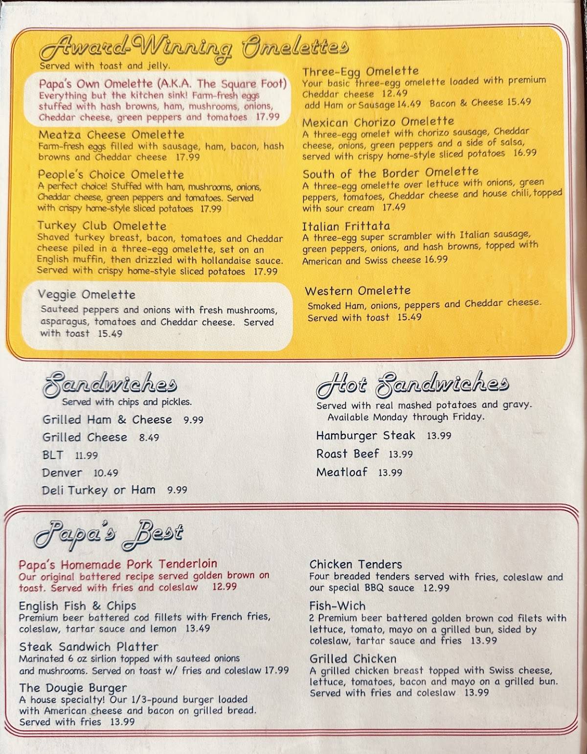 Menu at Papa's Cafe, Minneapolis