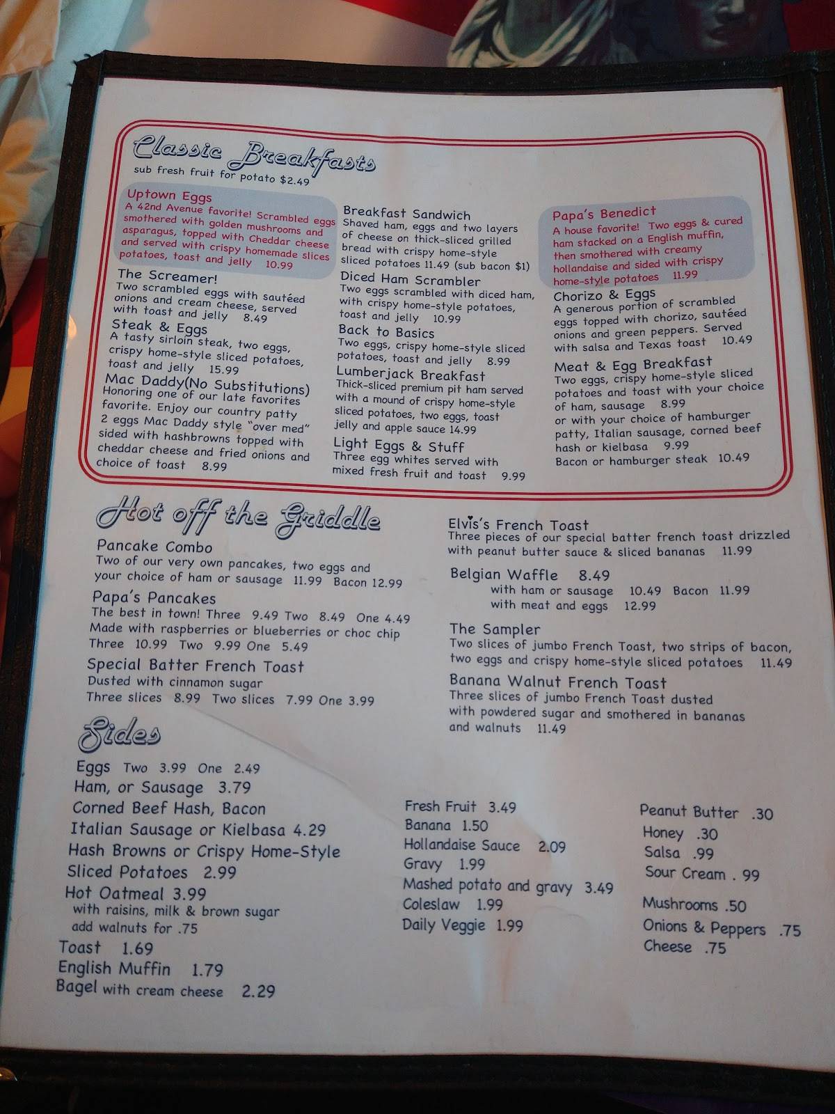 Menu at Papa's Cafe, Minneapolis