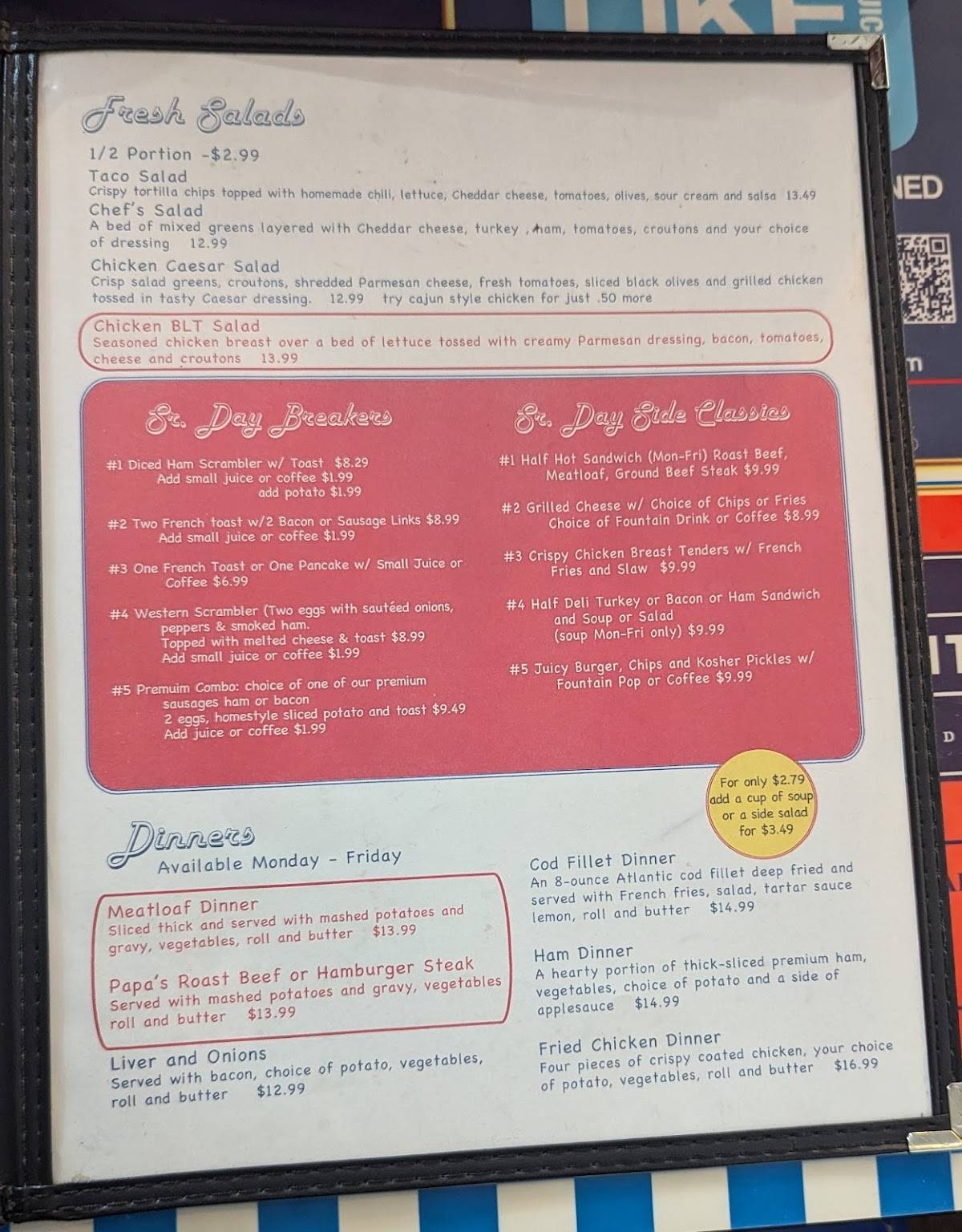 Menu at Papa's Cafe, Crystal