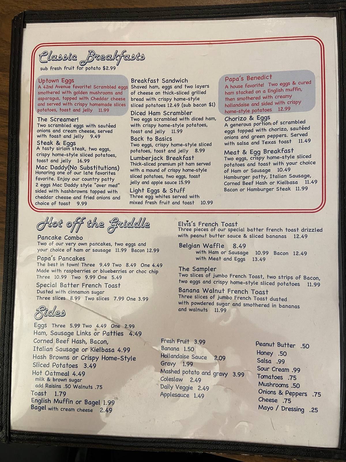 Menu at Papa's Cafe, Minneapolis