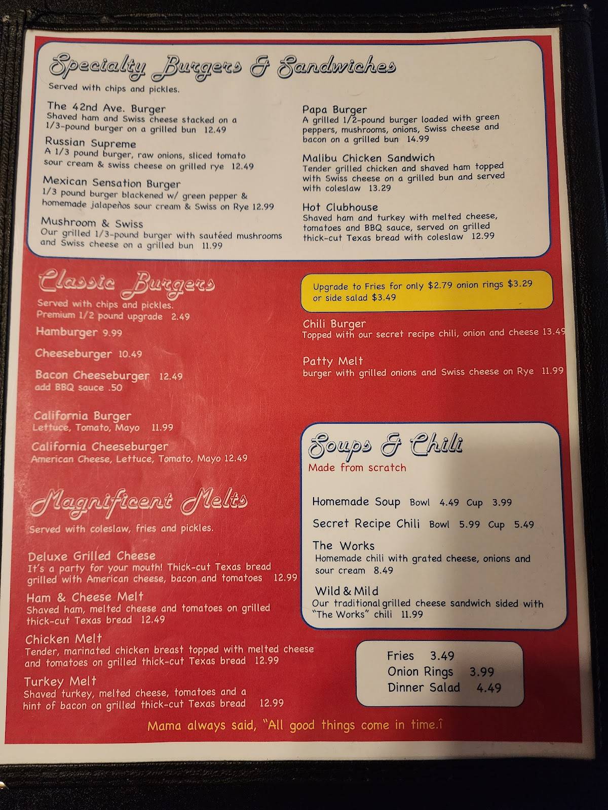 Menu at Papa's Cafe, Minneapolis