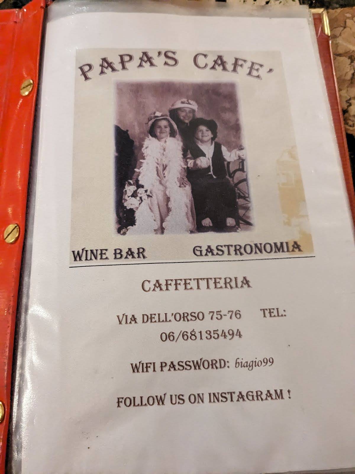 Menu da Papa's Cafè caffè bar, Roma