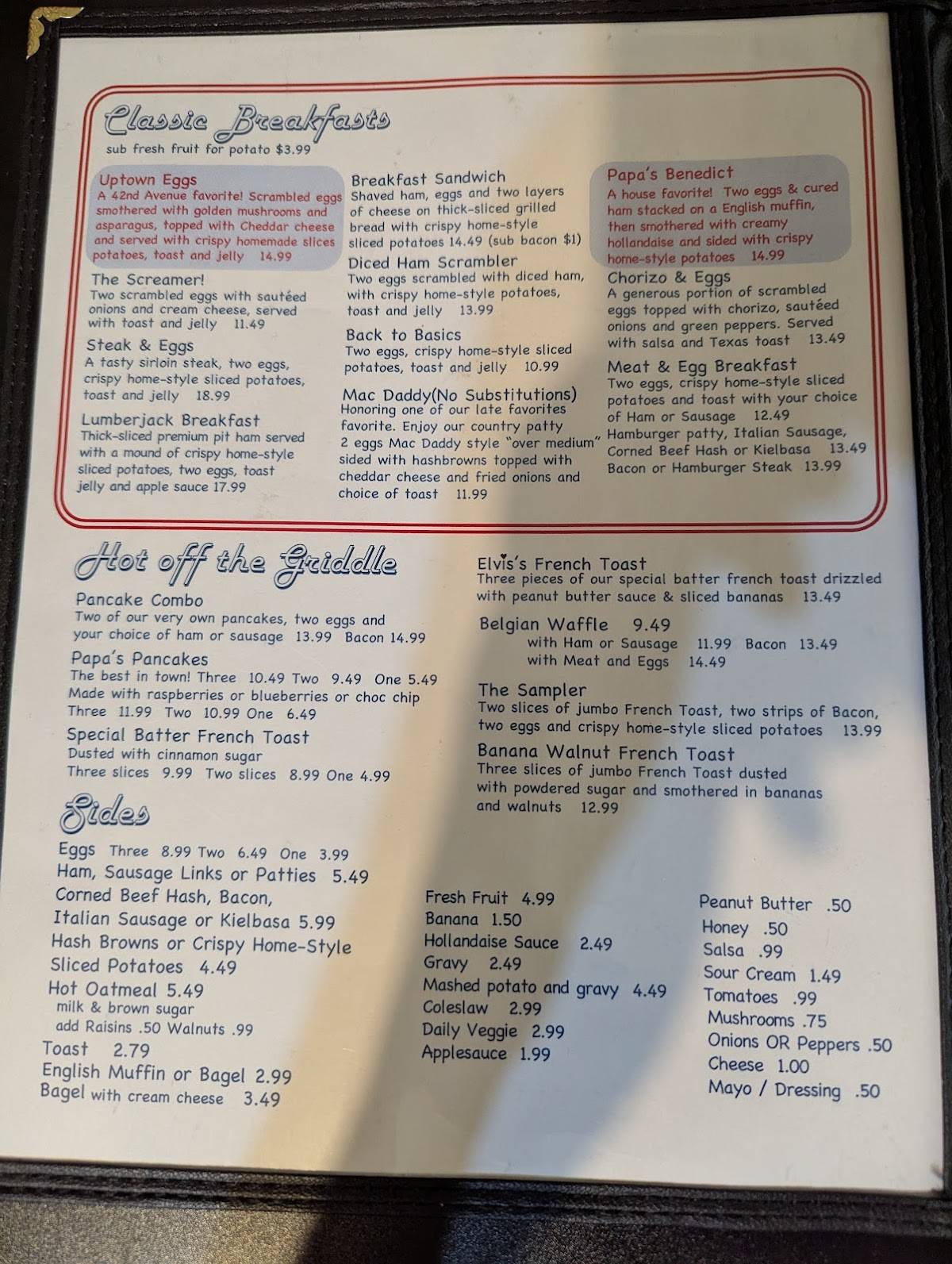 Menu at Papa's Cafe, Minneapolis