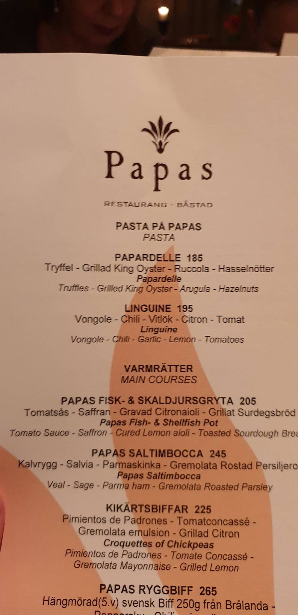 Menu at Papas pub & bar, Båstad
