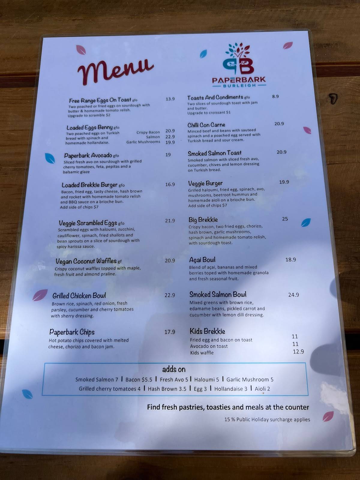 Menu at Paperbark Burleigh, Burleigh Heads