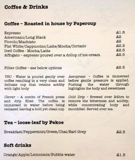 Menu at Papercup Coffee Company cafe, Glasgow, 603 Great Western Rd