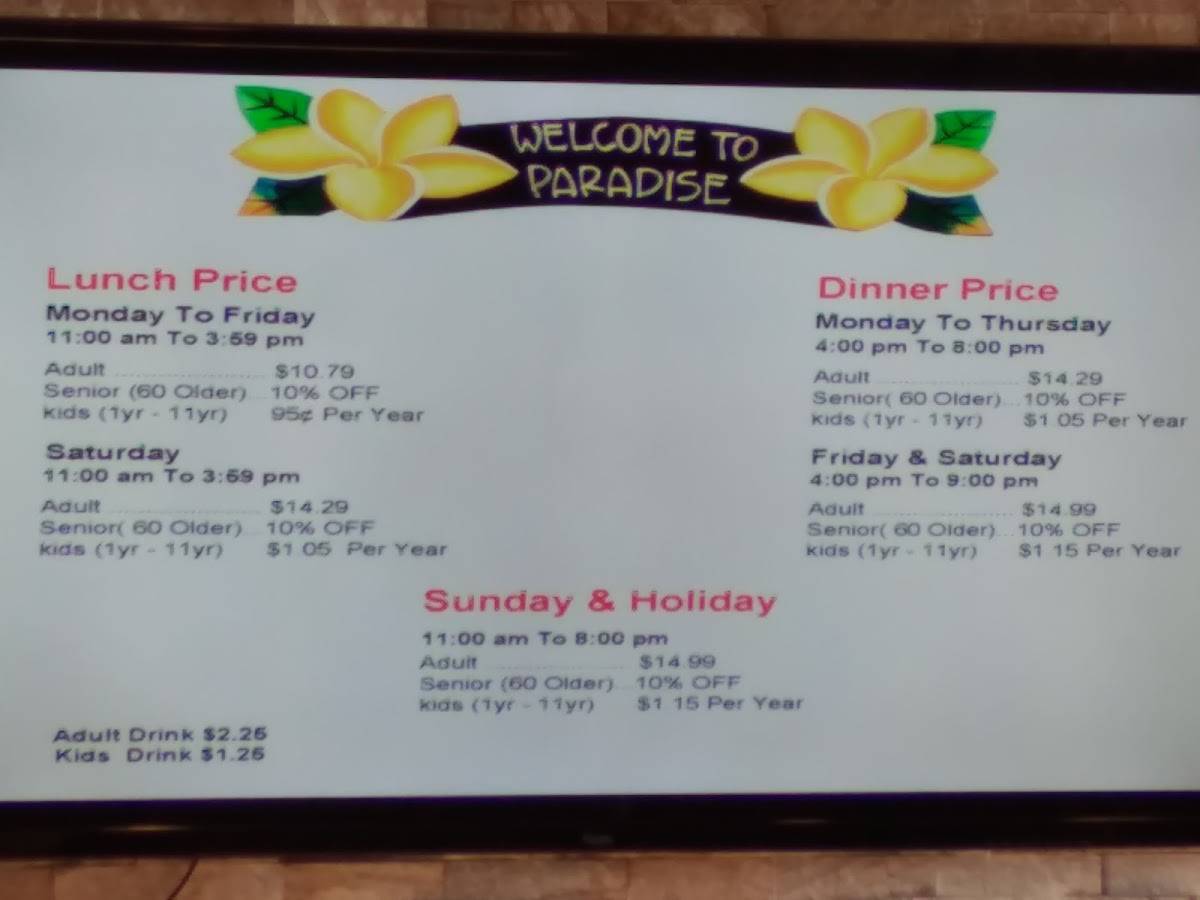 Menu at Paradise Buffet restaurant, Murray