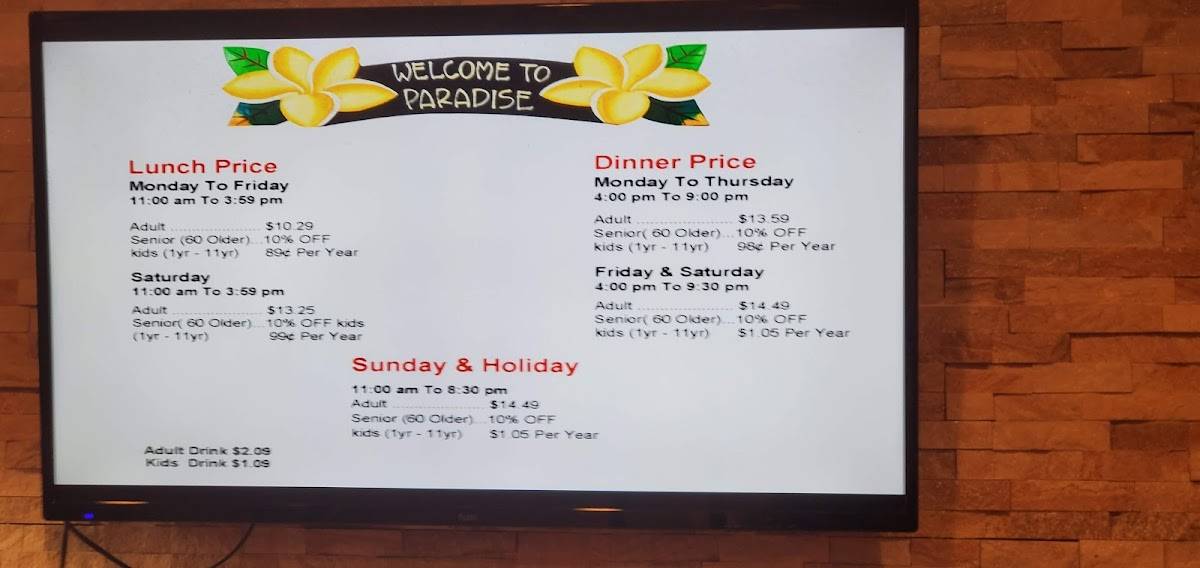Menu at Paradise Buffet restaurant, Murray