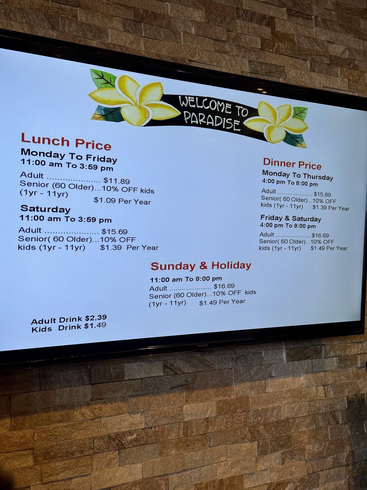 Menu at Paradise Buffet restaurant, Murray
