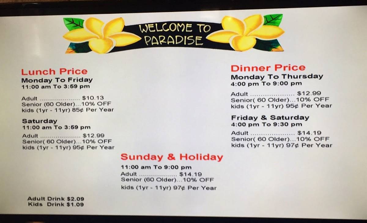 Menu at Paradise Buffet restaurant, Murray