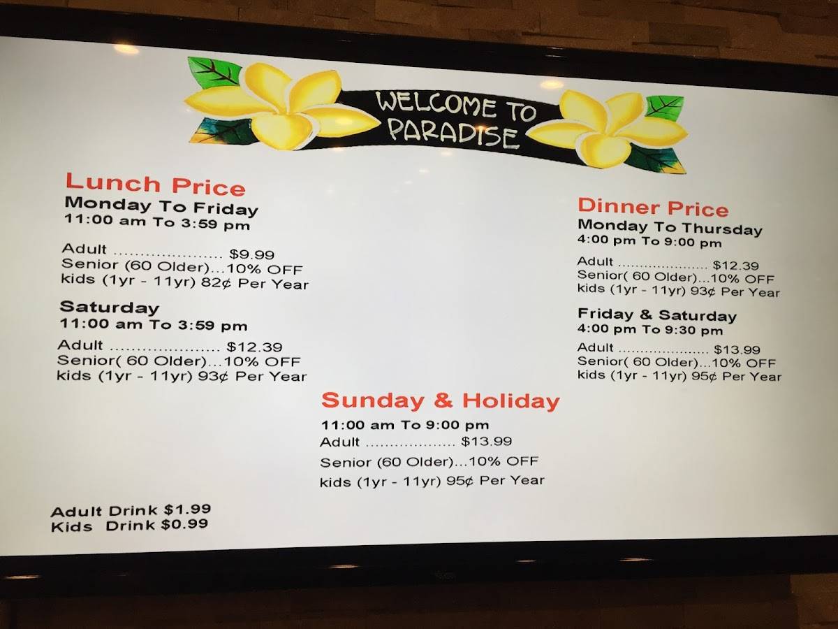 Menu at Paradise Buffet restaurant, Murray