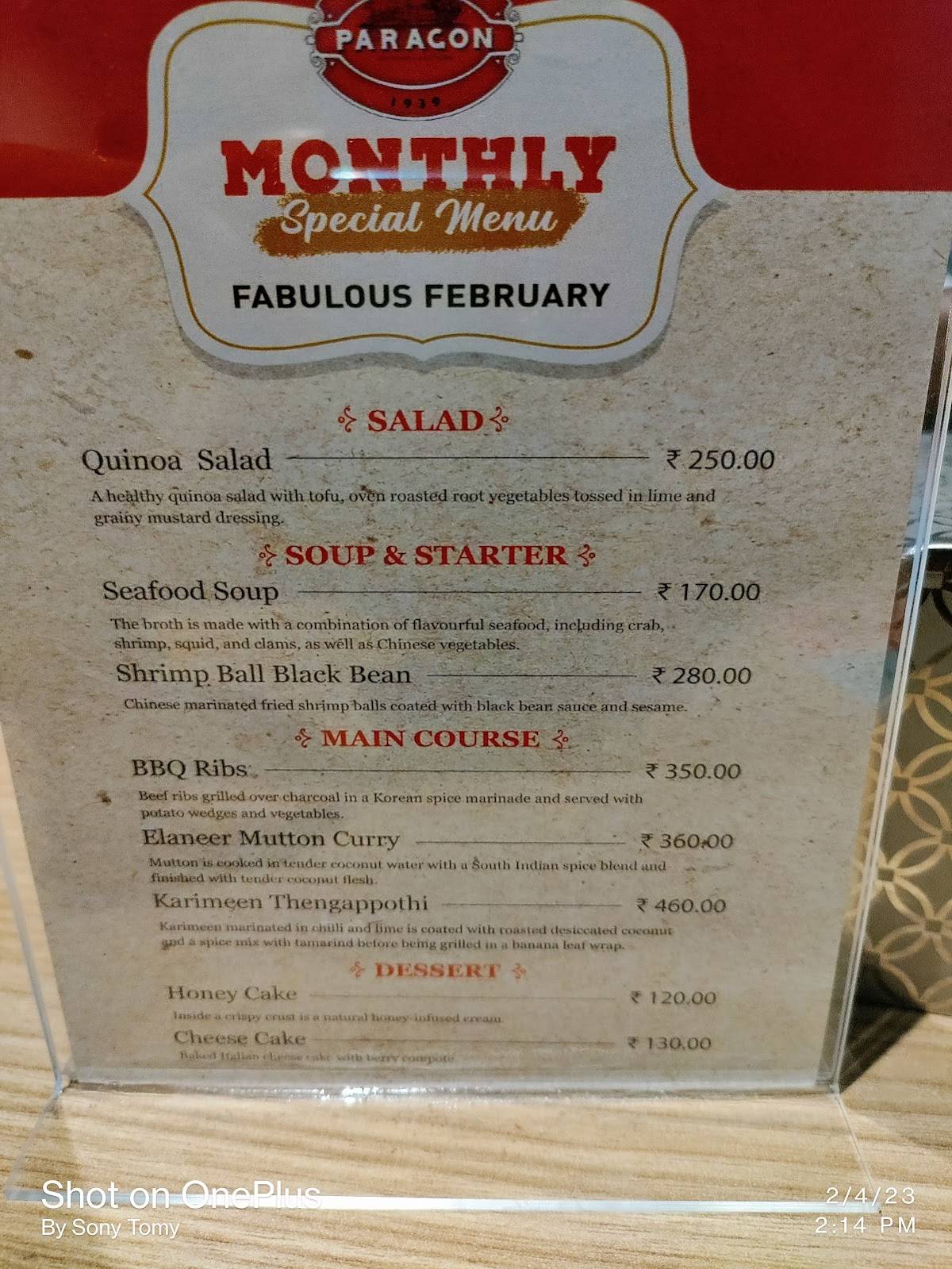 Menu at Paragon Restaurant, Kozhikode, Kannur Rd