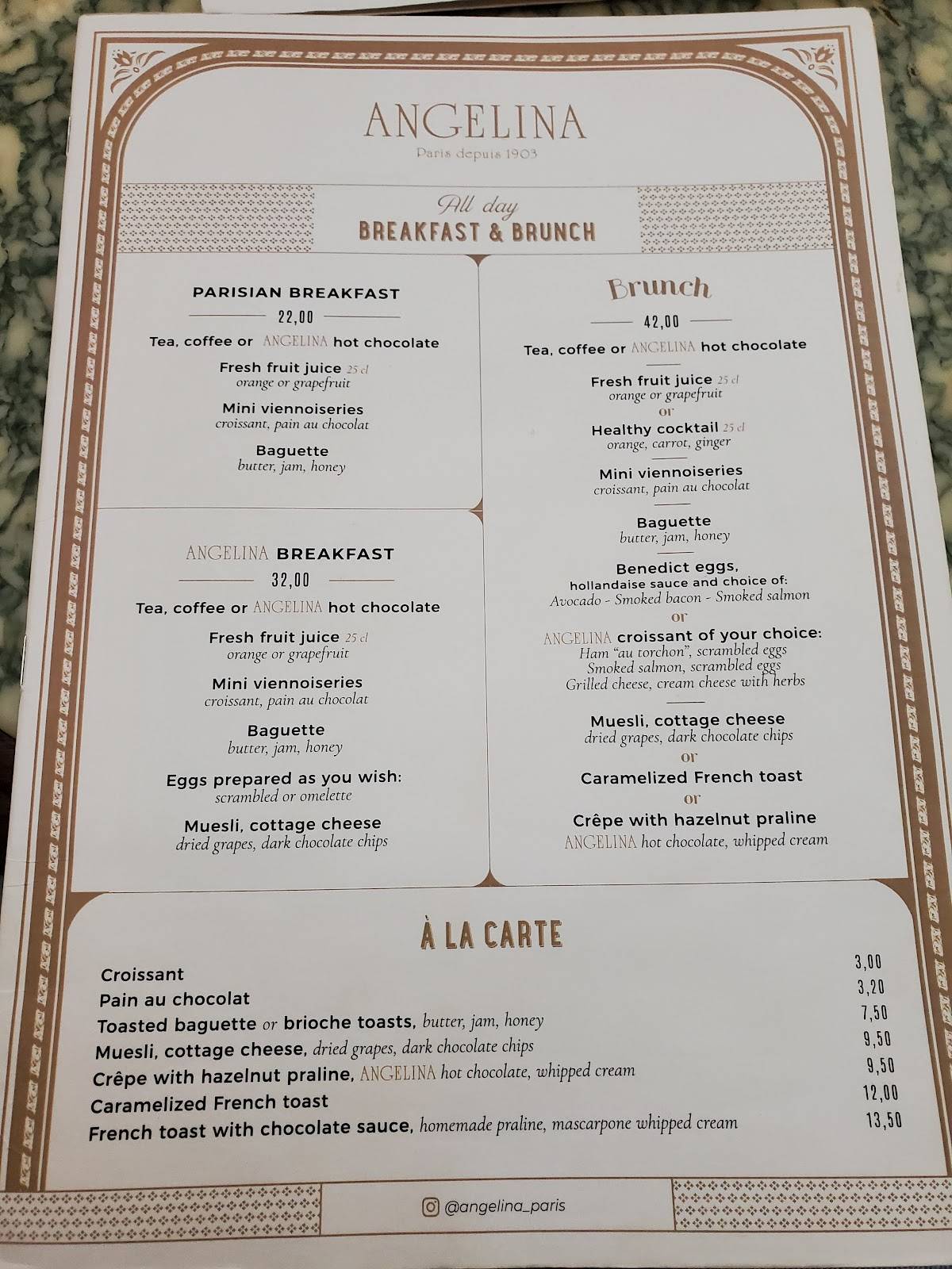 Carta del restaurante Angelina, Paris, 226 Rue del Rivoli