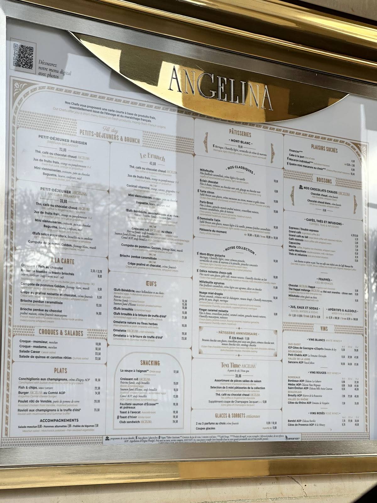Menu at Angelina restaurant, Paris, 226 Rue de Rivoli