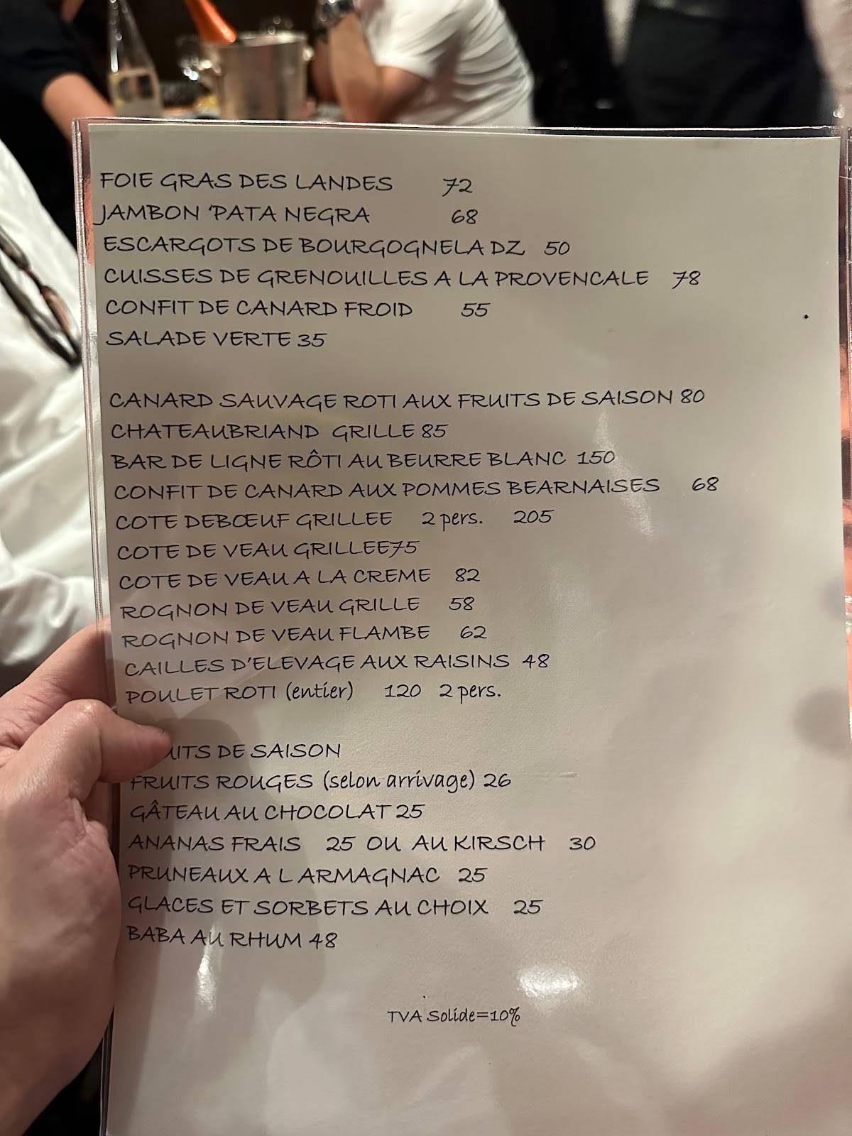 Menu at Chez l'Ami Louis restaurant, Paris, 32 Rue du Vertbois