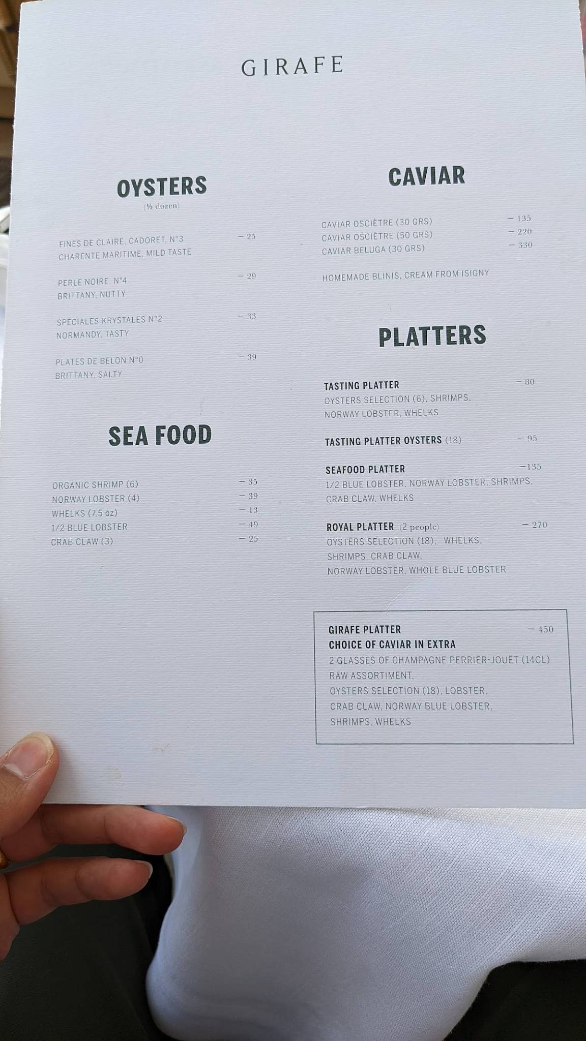 Menu at Girafe Restaurant, Paris