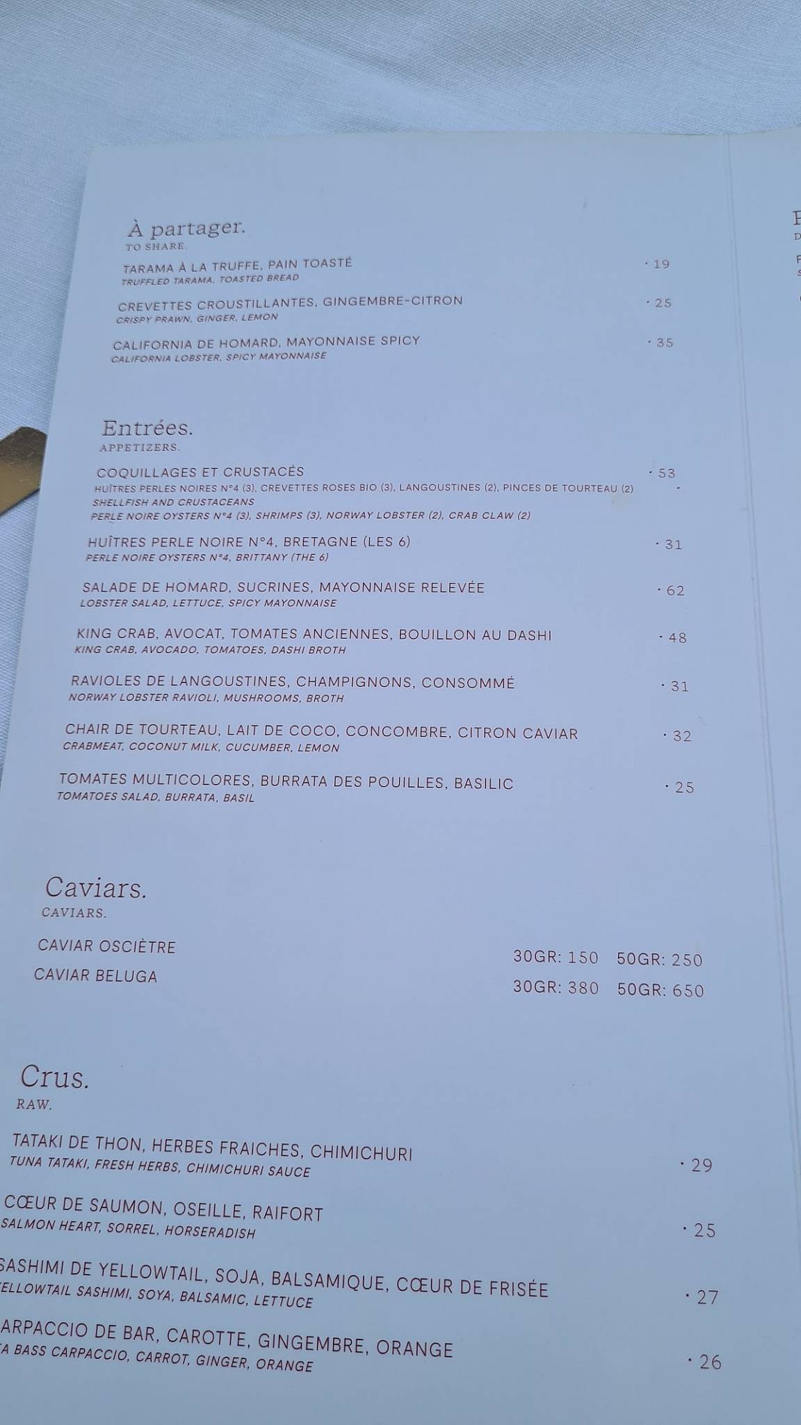Menu at Girafe Restaurant, Paris