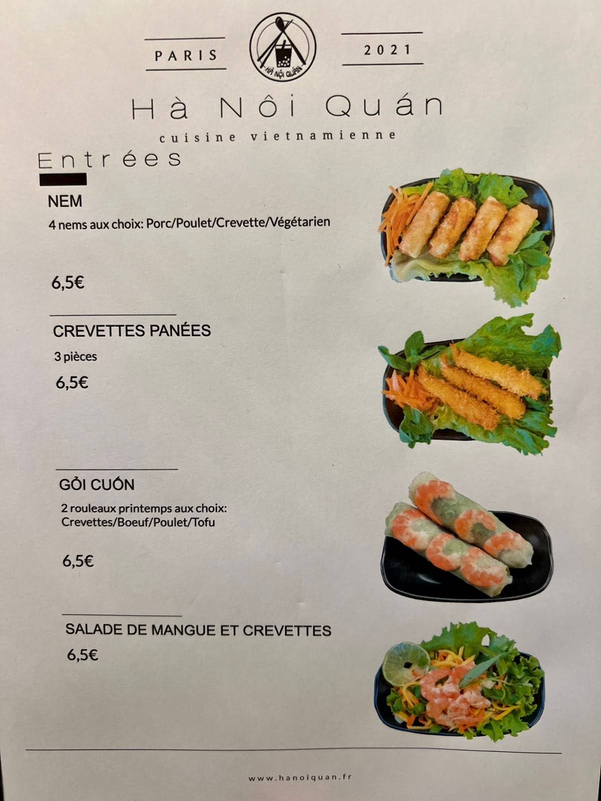 Menu au HANOI QUAN restaurant, Paris