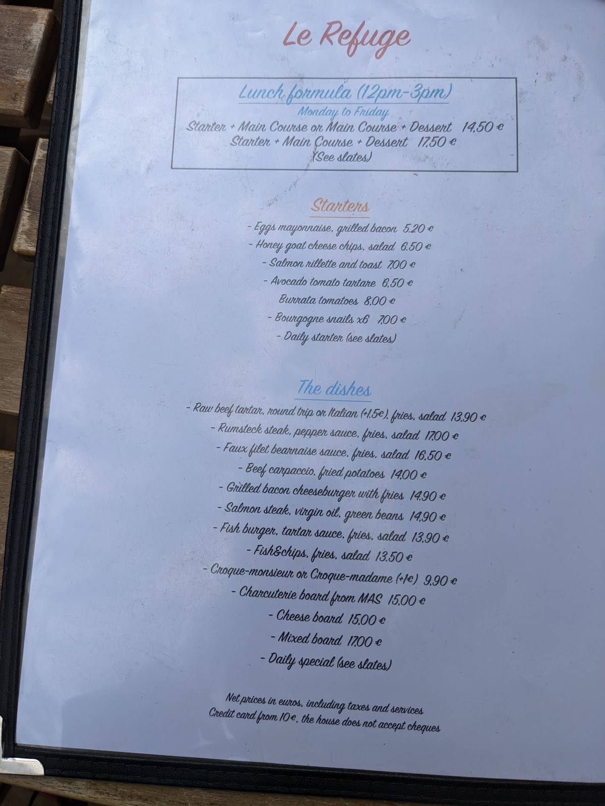 Carta del pub y bar Le Refuge, Paris, 72 Rue Lamarck