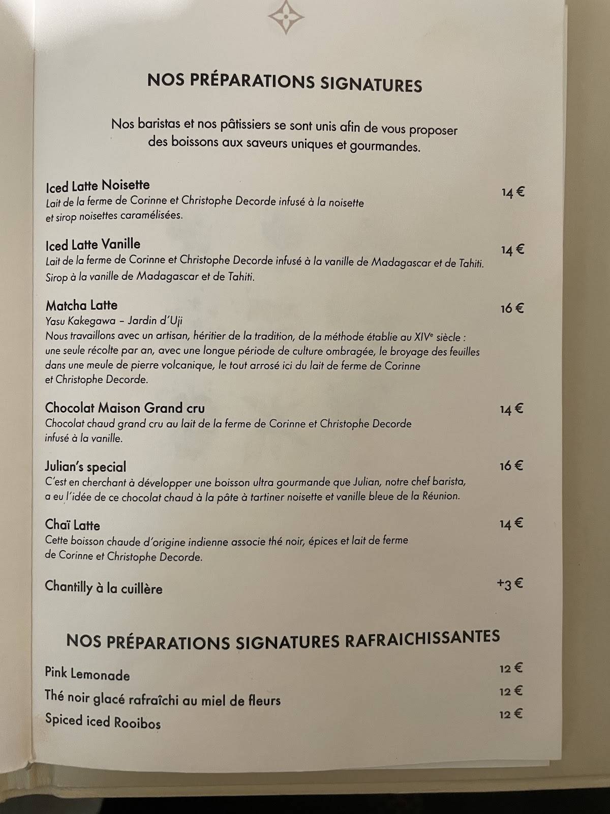 Menu at Maxime Frédéric chez Louis Vuitton restaurant, Paris