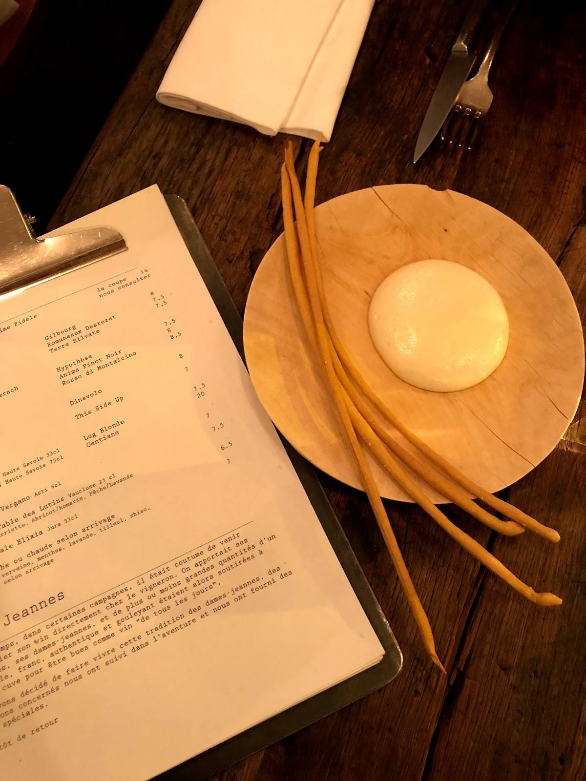Menu at Septime restaurant, Paris, 80 Rue de Charonne