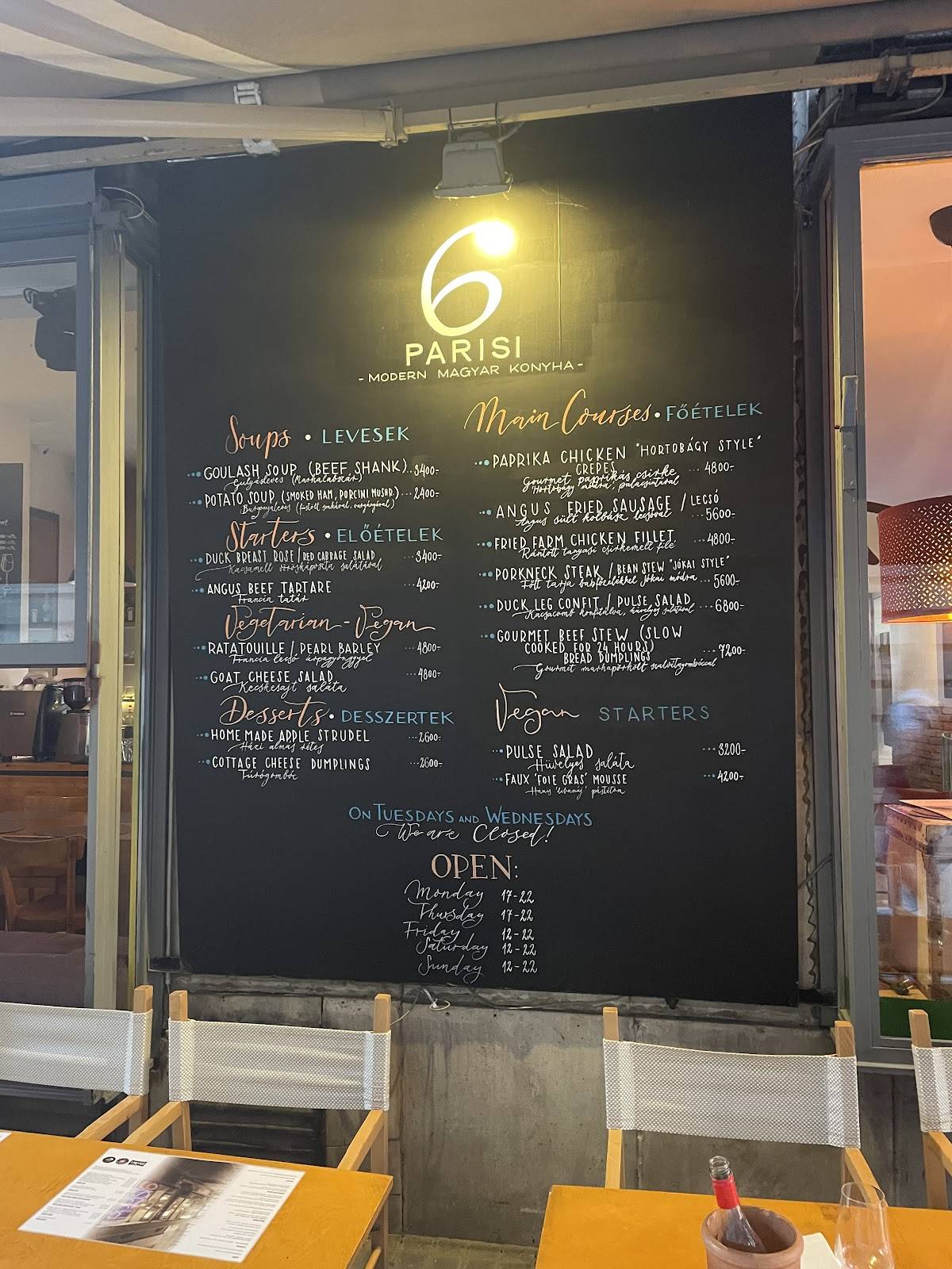Menu at Parisi 6 restaurant, Budapest