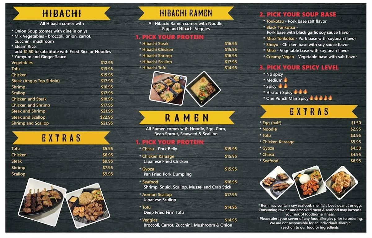 Menu at Hiratori Hibachi Express Ramen Yakitori restaurant, Parker