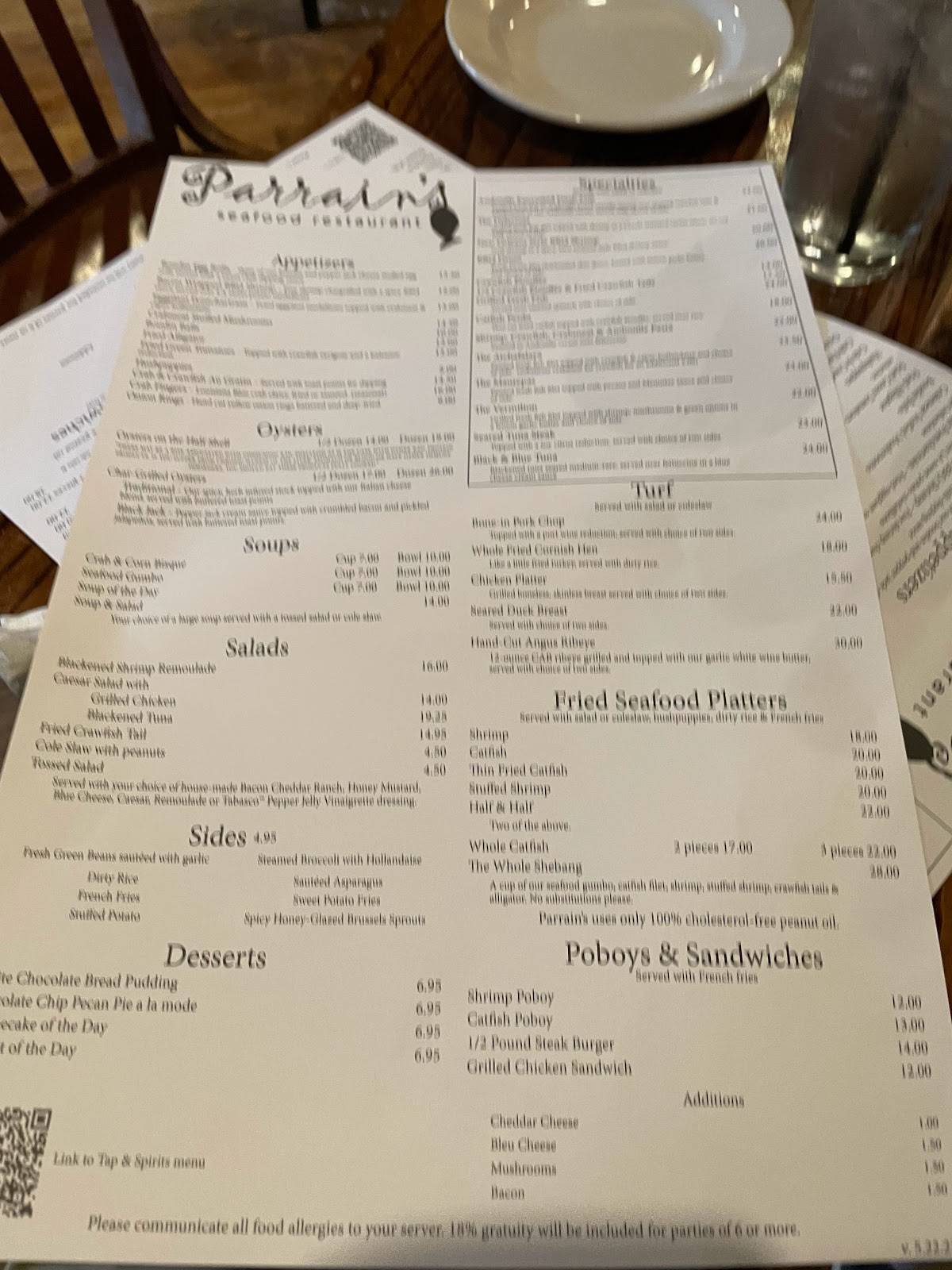 Menu at Parrain's Seafood Restaurant, Baton Rouge