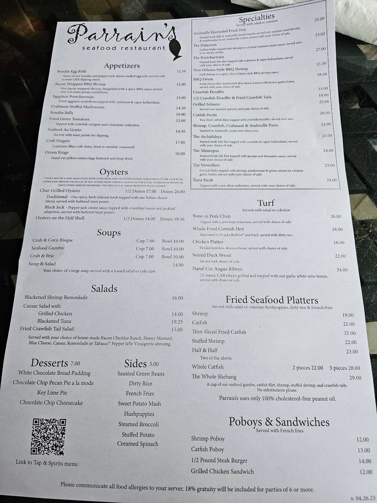 Menu at Parrain's Seafood Restaurant, Baton Rouge