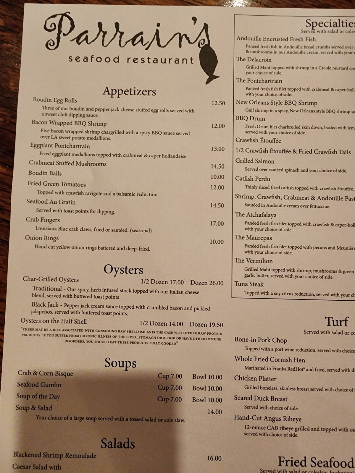 Menu at Parrain's Seafood Restaurant, Baton Rouge