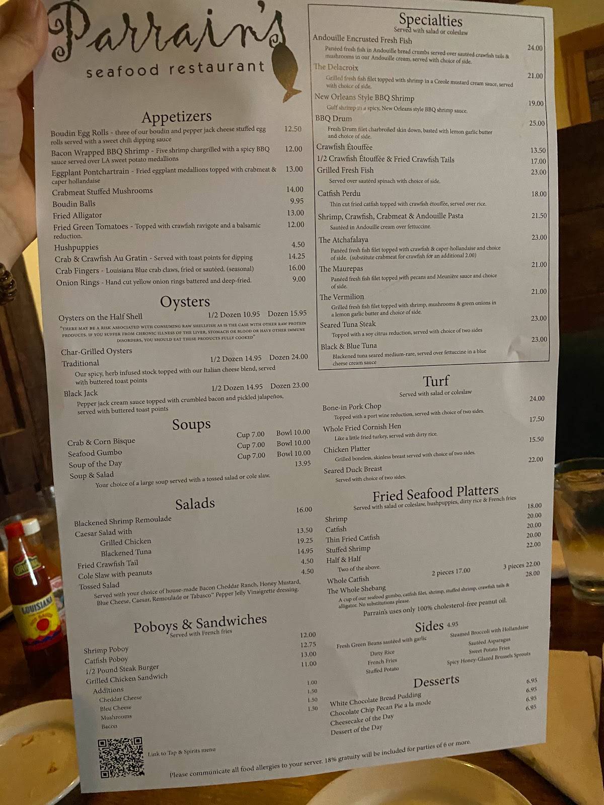 Menu at Parrain's Seafood Restaurant, Baton Rouge