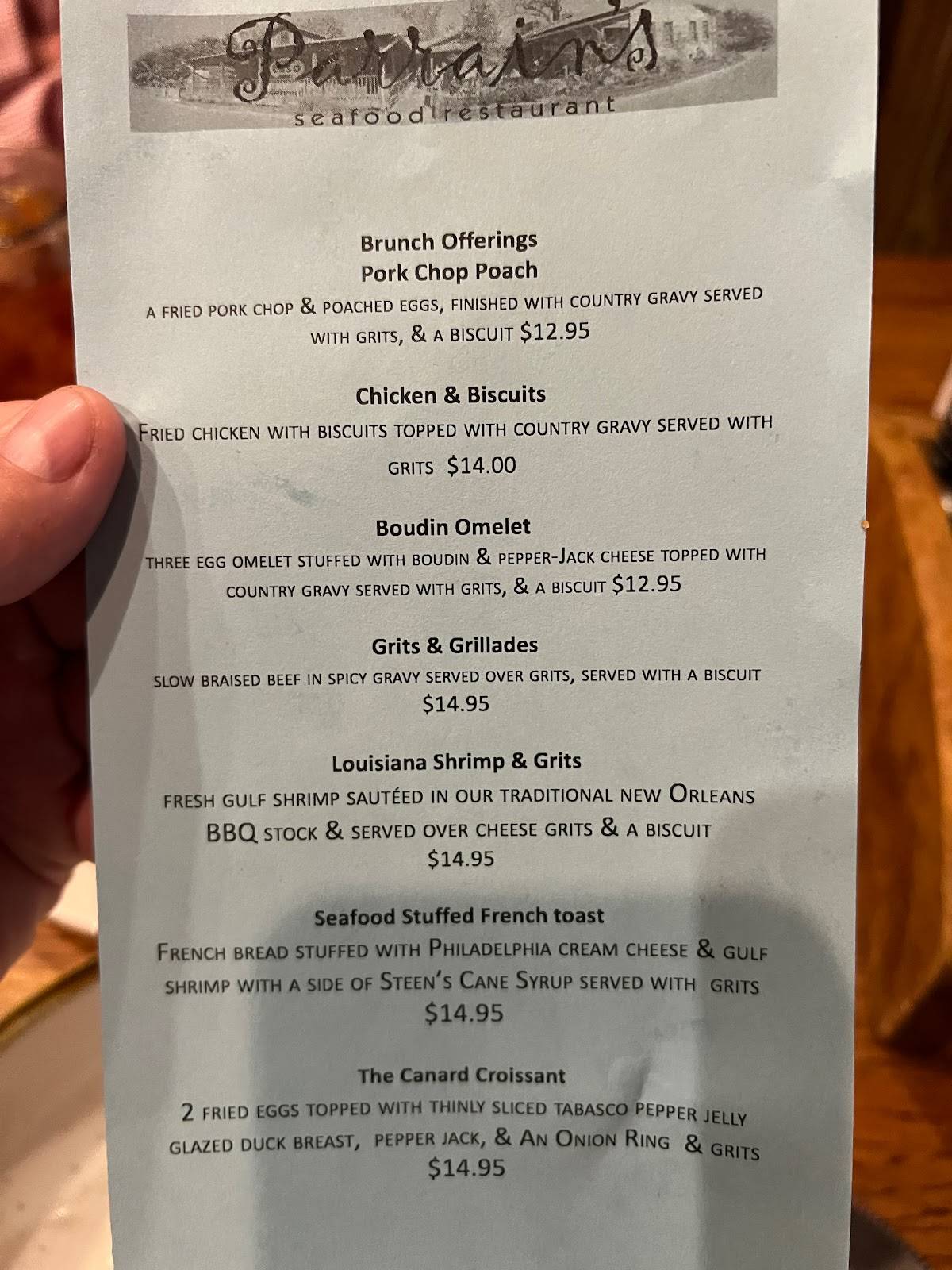 Menu at Parrain's Seafood Restaurant, Baton Rouge